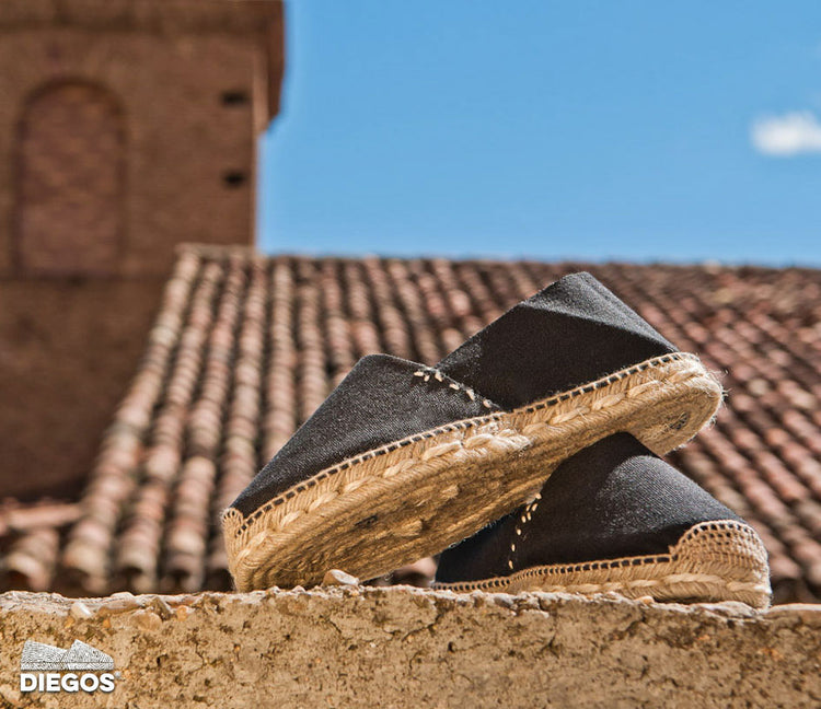 Black old fashioned handmade flat espadrilles with hand coiled rope ...